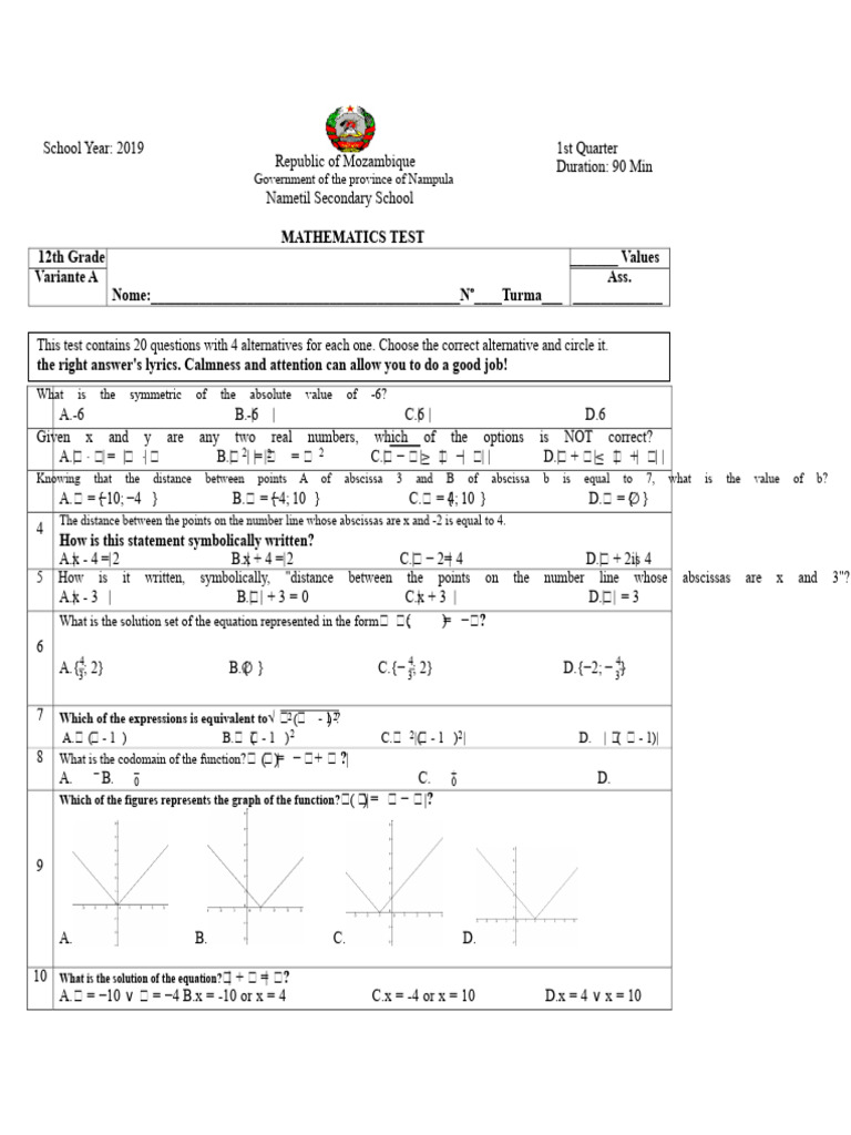 Mathematics Test 12 Class 1ST Trimester Variant A - Student 2019 | PDF ...
