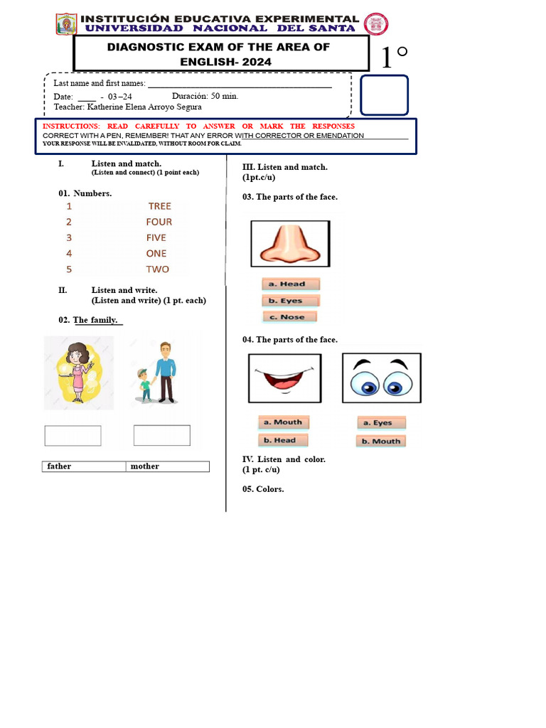 1st - DIAGNOSTIC ENGLISH EXAM 1st Grade Primary | PDF