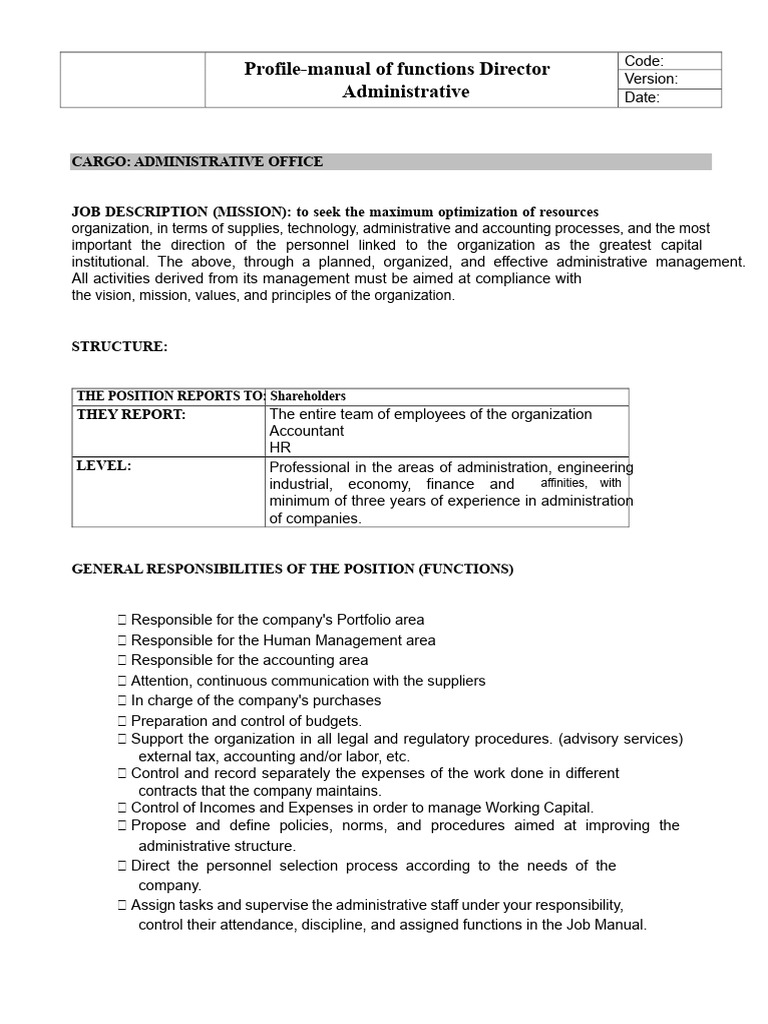 Administrative Director Job Functions Manual | PDF | Occupational ...