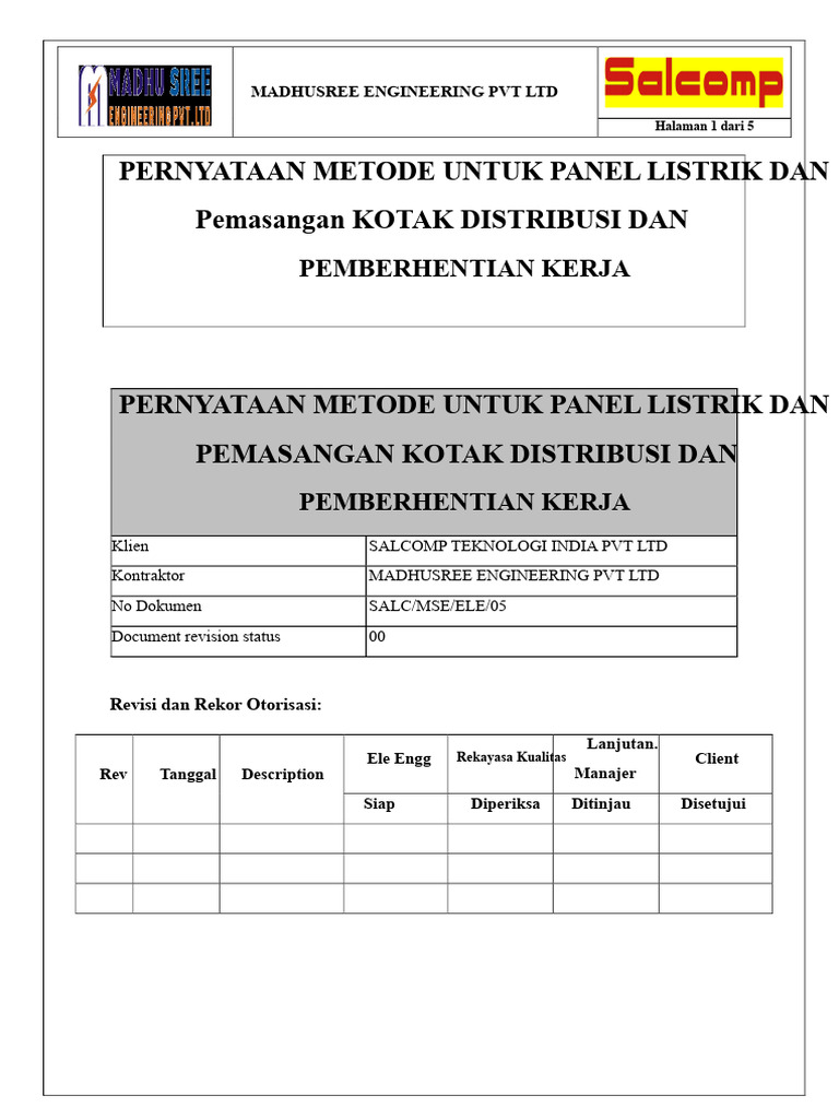 PERNYATAAN METODE UNTUK pemasangan dan terminasi panel listrik serta ...