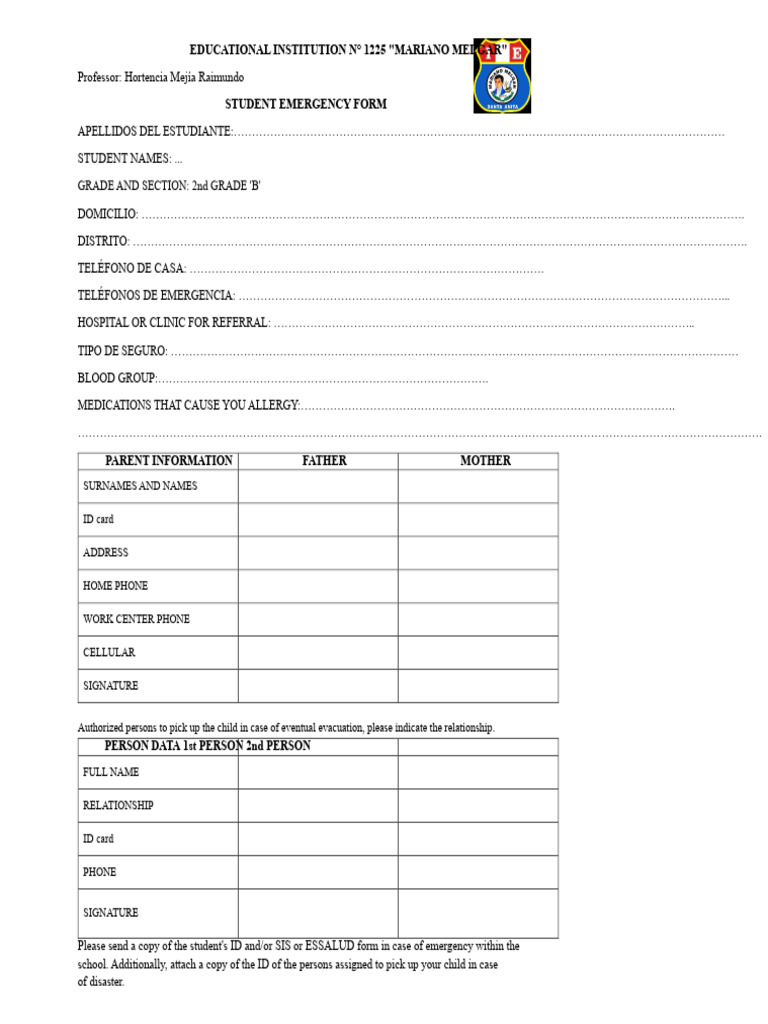 Student Emergency Form Template | PDF