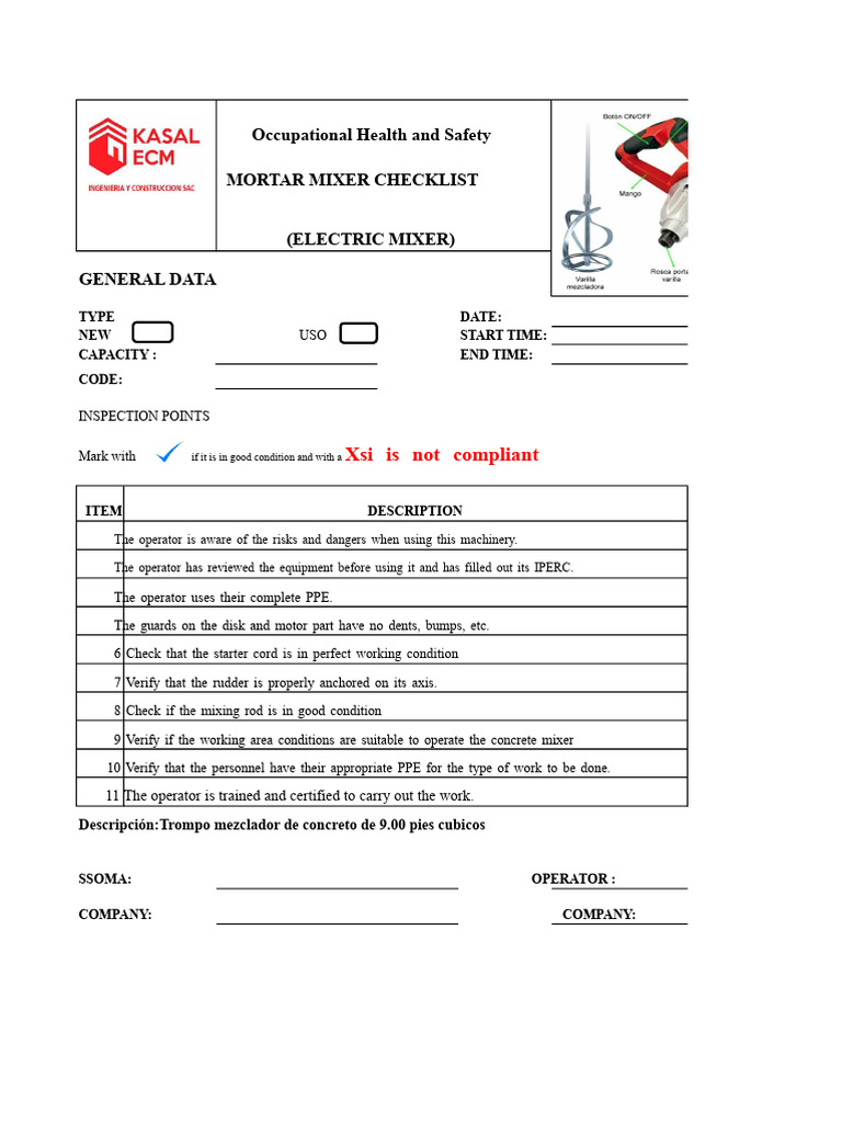 Electric Mortar Mixer Checklist | PDF