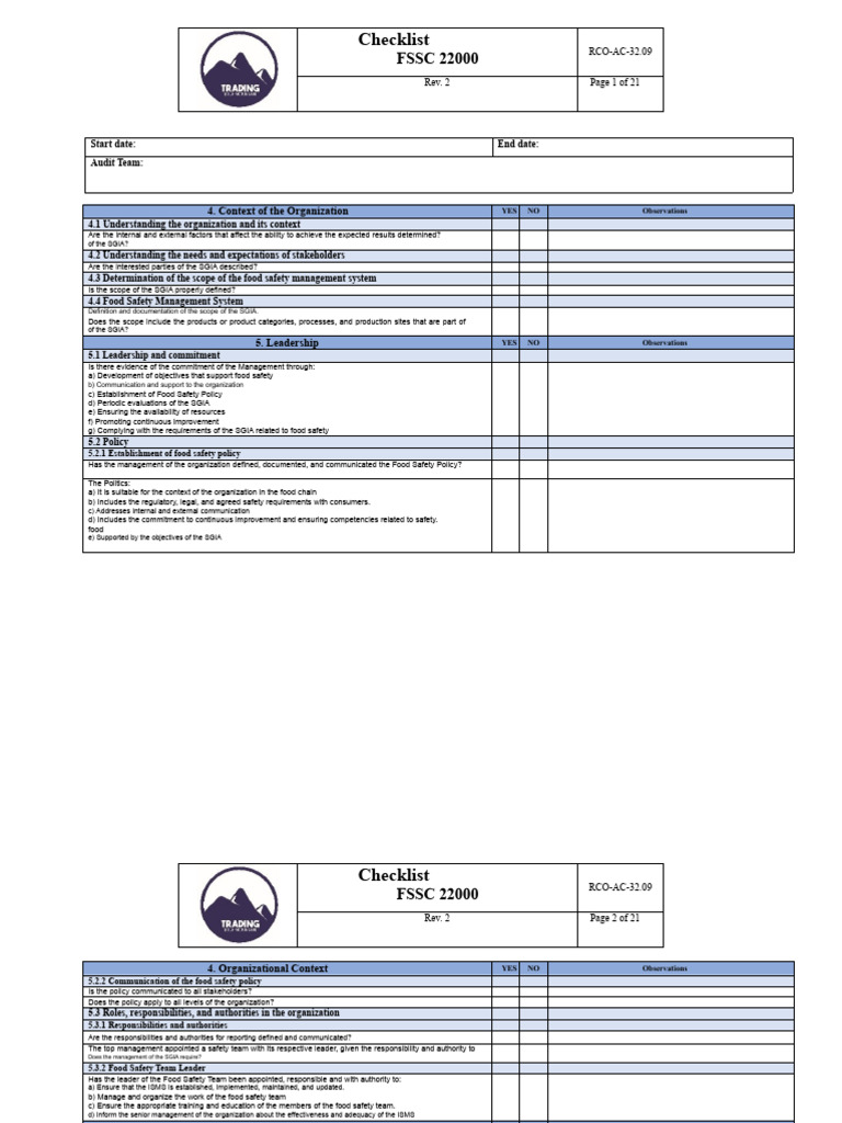 FSSC 22000 Food Safety Audit Checklist | PDF | Verification And ...