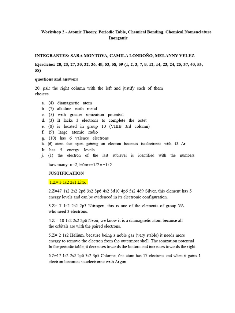 Workshop-2-Atomic Theory, Periodic Table, Chemical Bond, Inorganic ...