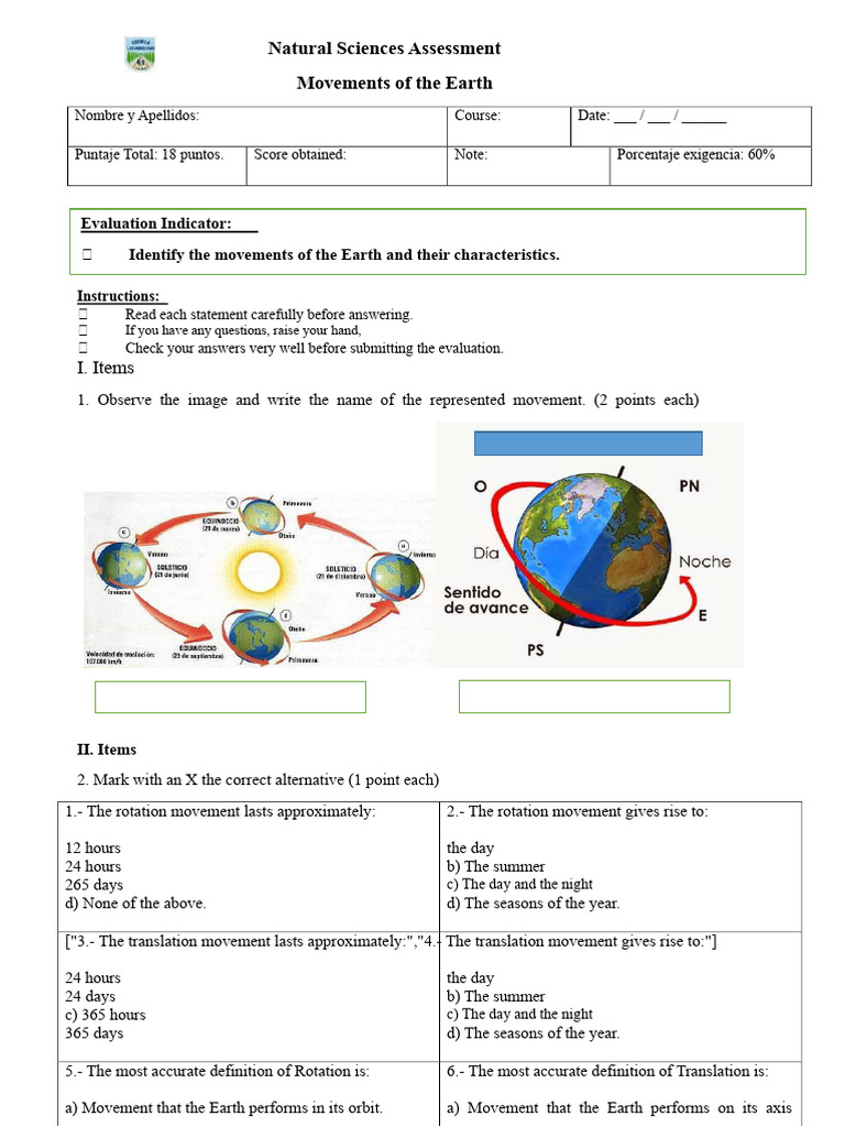 Assessment Natural Sciences Movements of The Earth | PDF