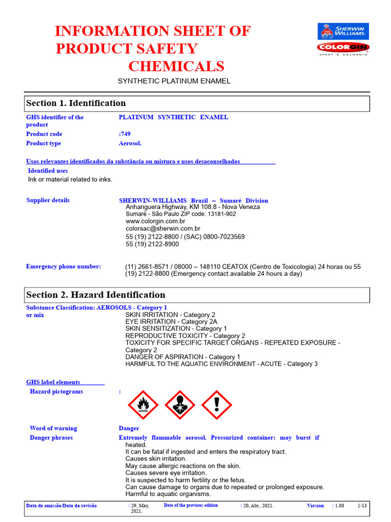 Platinum Synthetic Enamel Safety Info | PDF | Toxicity | Hazards