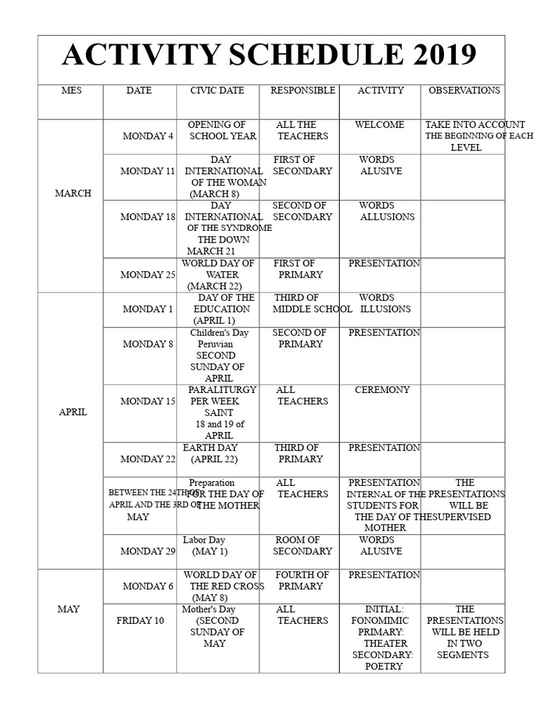Activity Chart 2019 | PDF | May Observances | Organized Events