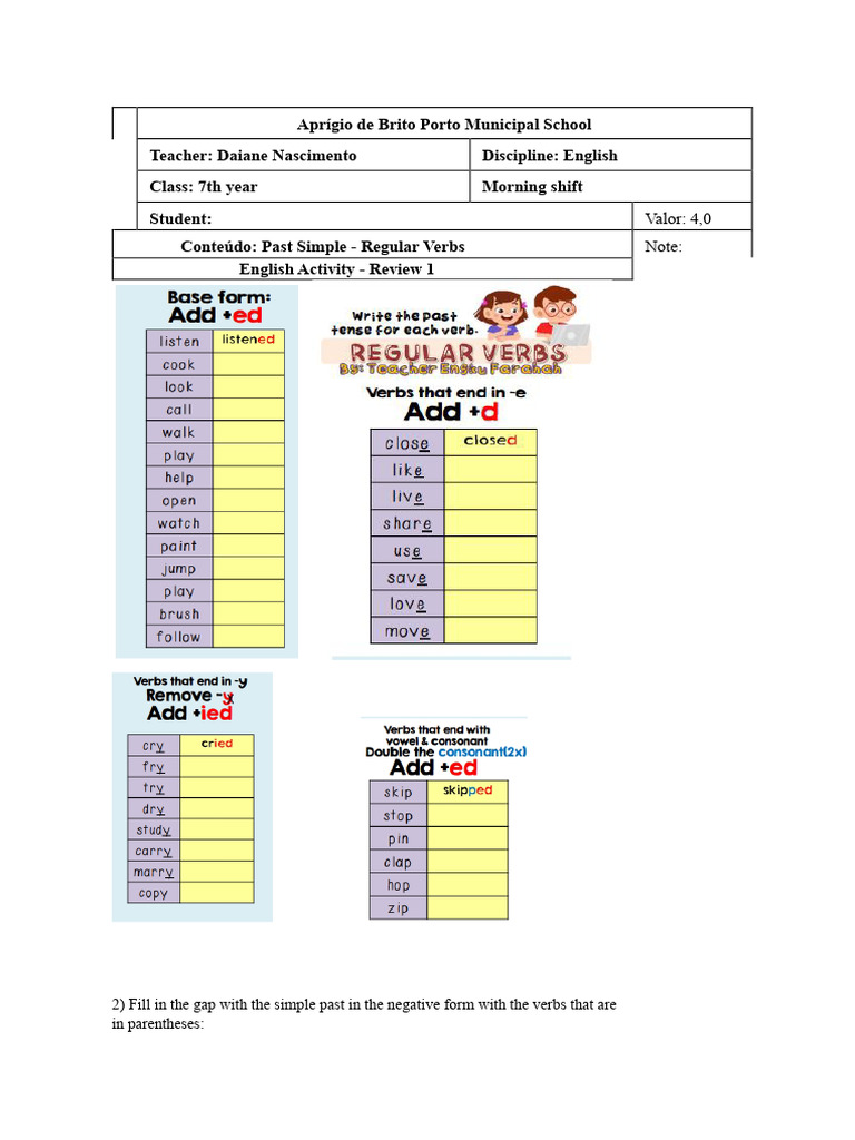 Review Activity 1 Simple Past - REGULAR VERBS - 7th GRADE | PDF
