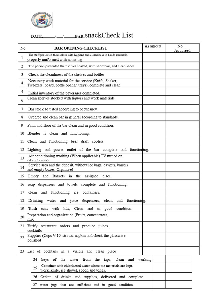 Bar Opening Checklist for Staff Readiness | PDF | Drink
