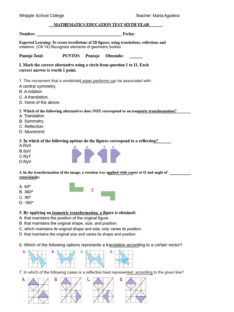Test of Isometric Transformations 8_ (1) | PDF | Euclidean Geometry ...