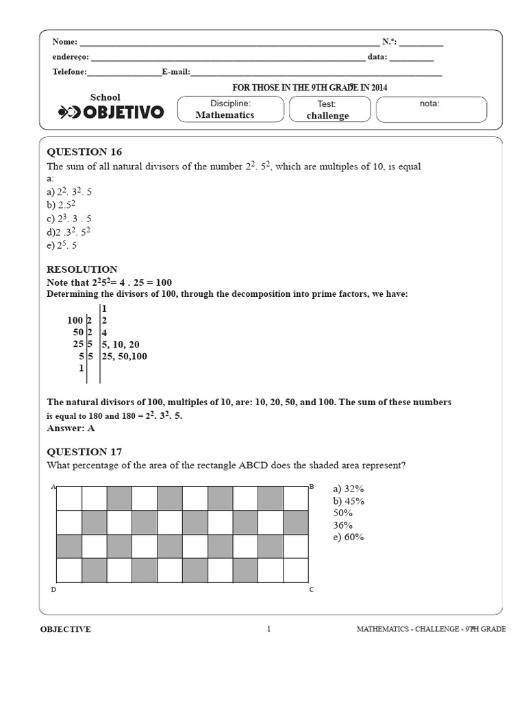 9th Grade Math Challenge Questions | PDF | Euclidean Geometry ...