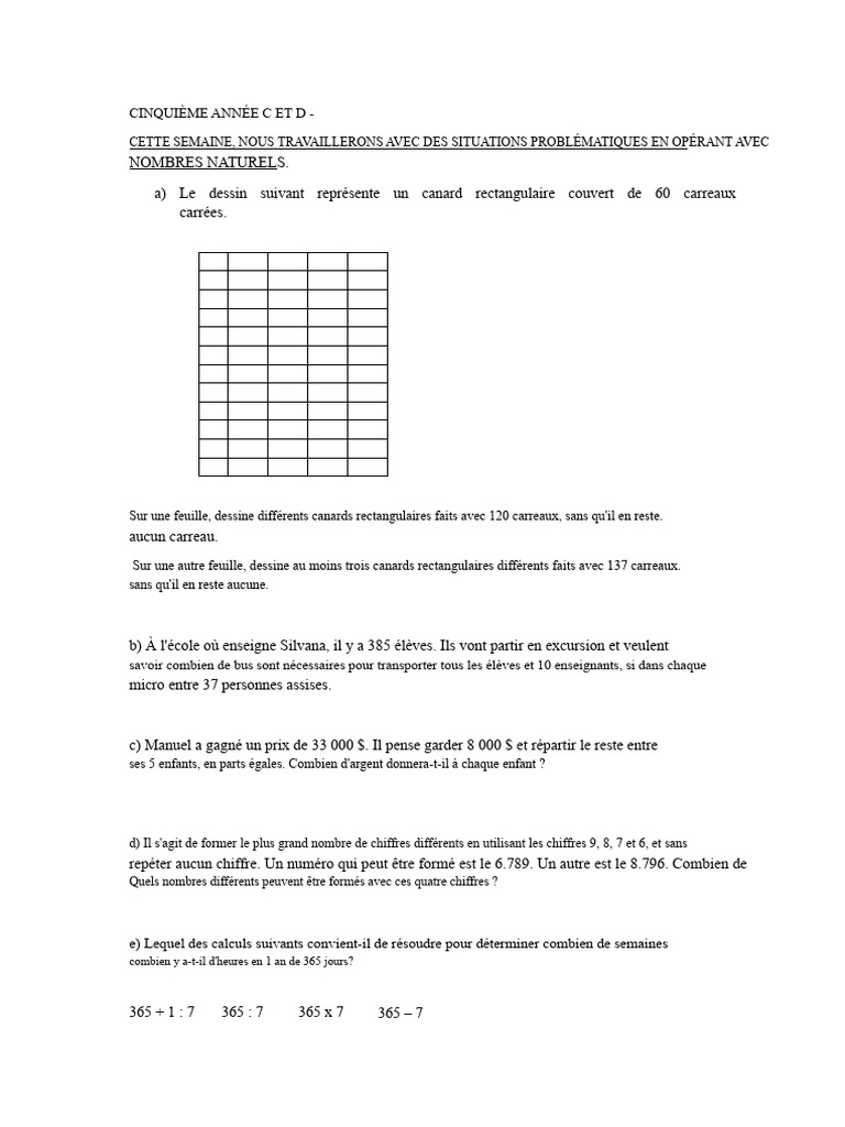 Problèmes mathématiques en 5e année | PDF
