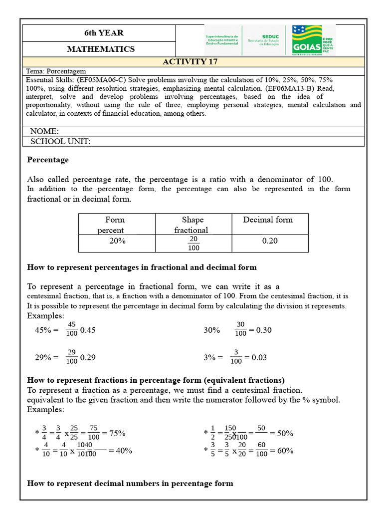 Activity 17 - 6th GRADE MATH - Percentage - Teacher | PDF | Percentage ...