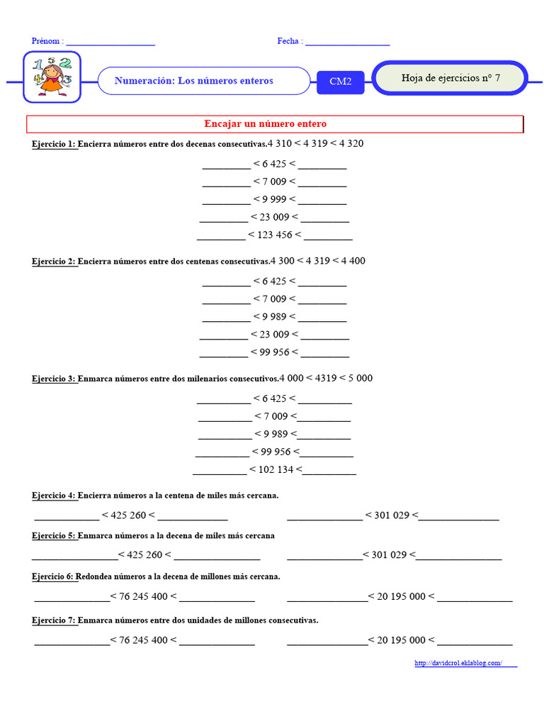 Ficha Ejercicio 7 Encuadrar Números Enteros Ejercicios | PDF
