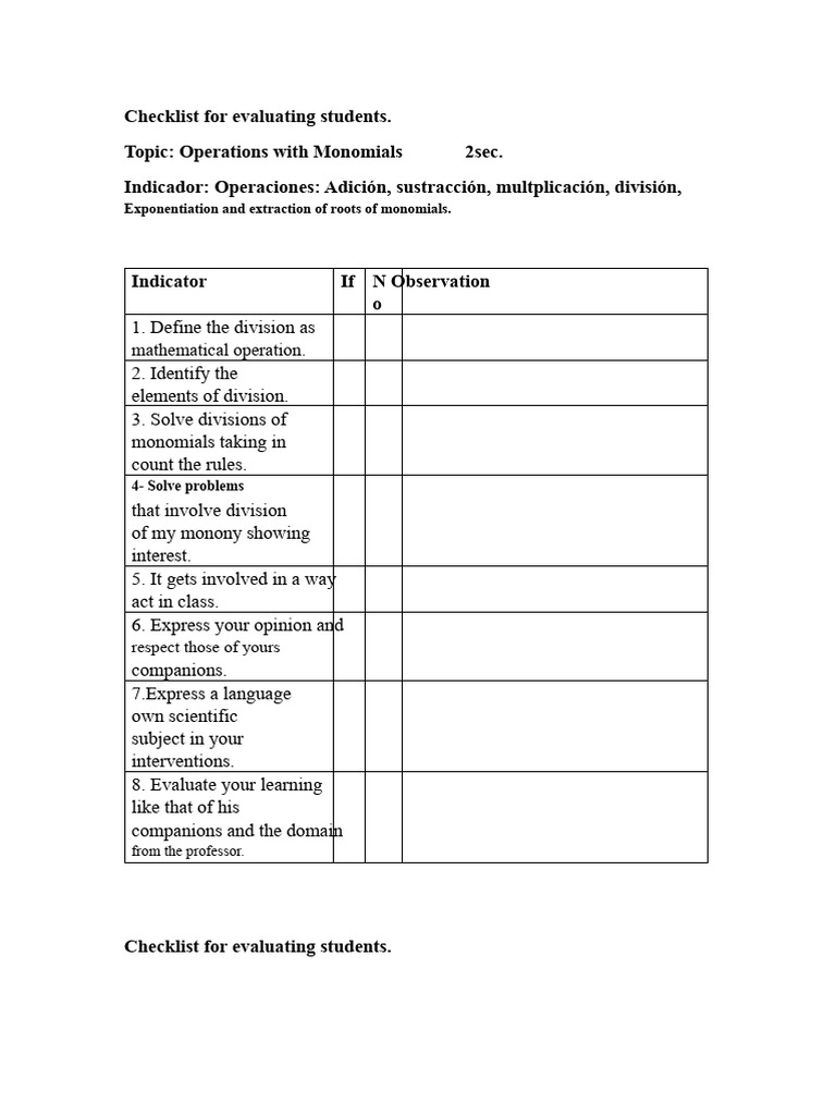 Checklist For Evaluating Students | PDF | Exponentiation | Equations