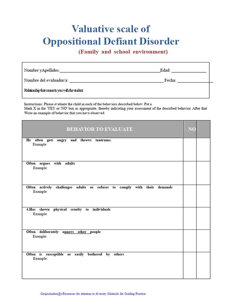 Rating Scale For Oppositional Defiant Disorder | PDF | Family | Mental ...