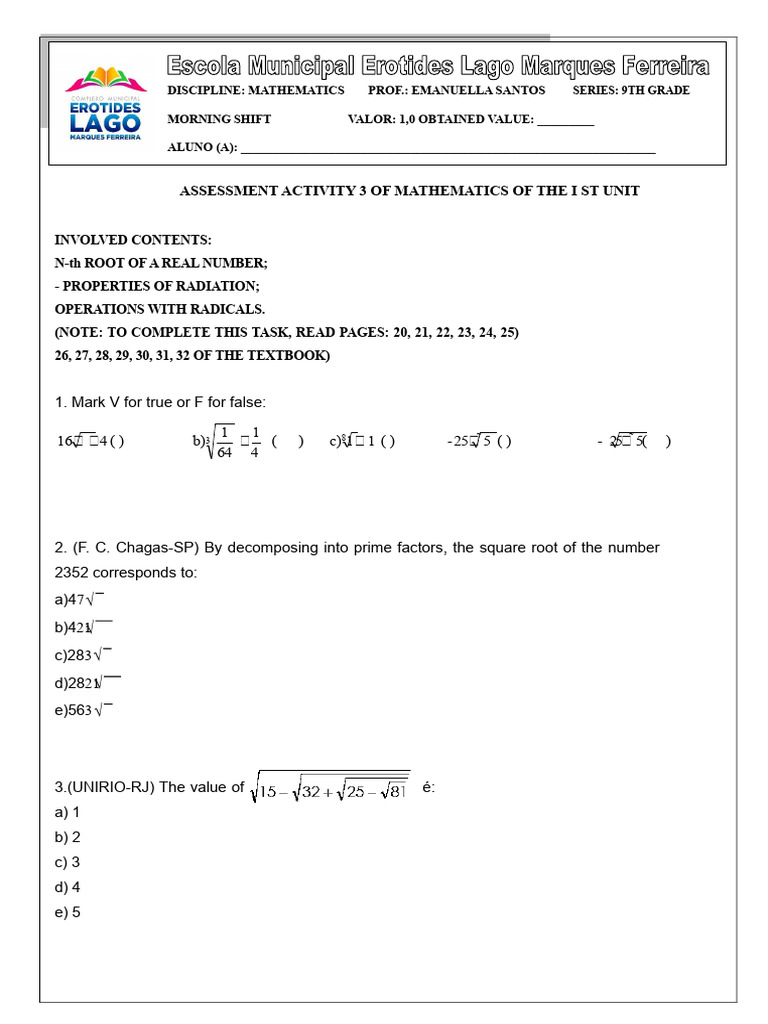 MATHEMATICS EXERCISES 9th Grade | PDF | Square Root | Numbers