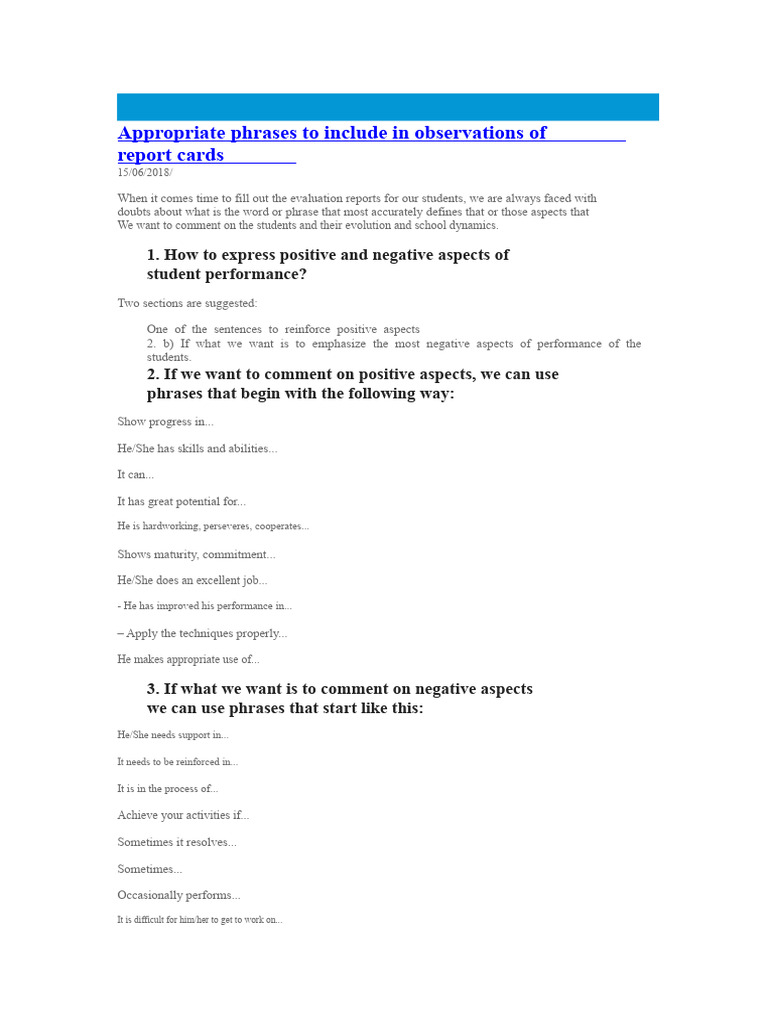 Appropriate Phrases To Include in Report Card Comments. | PDF ...