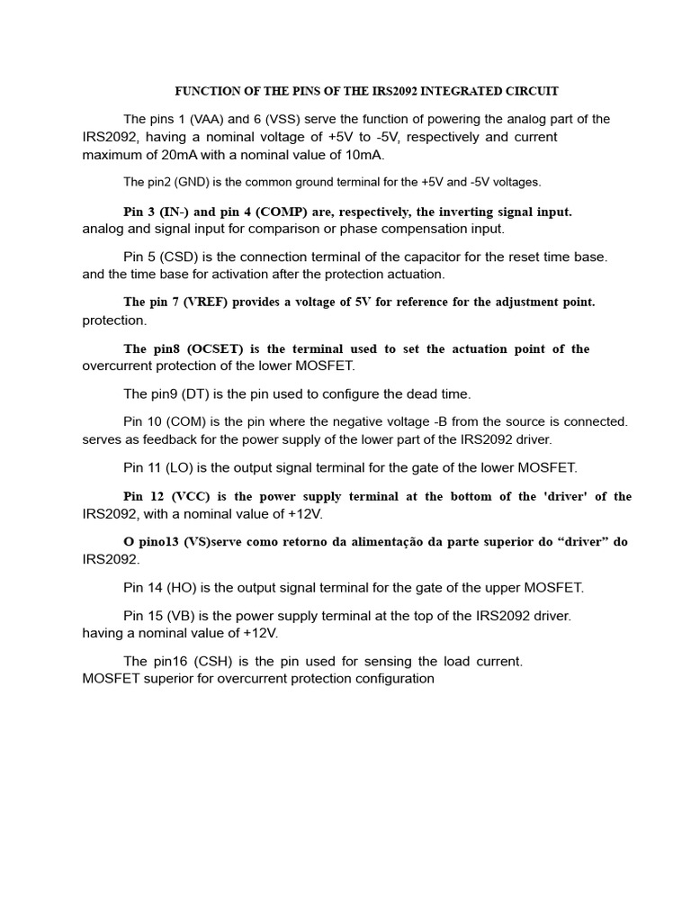 Function of The Pins of The Irs2092 Integrated Circuit | PDF