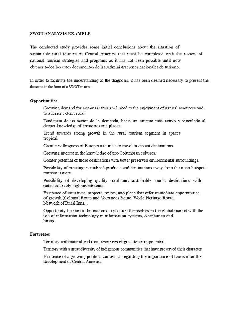 Example 1 SWOT Analysis | PDF | Tourism | Swot Analysis