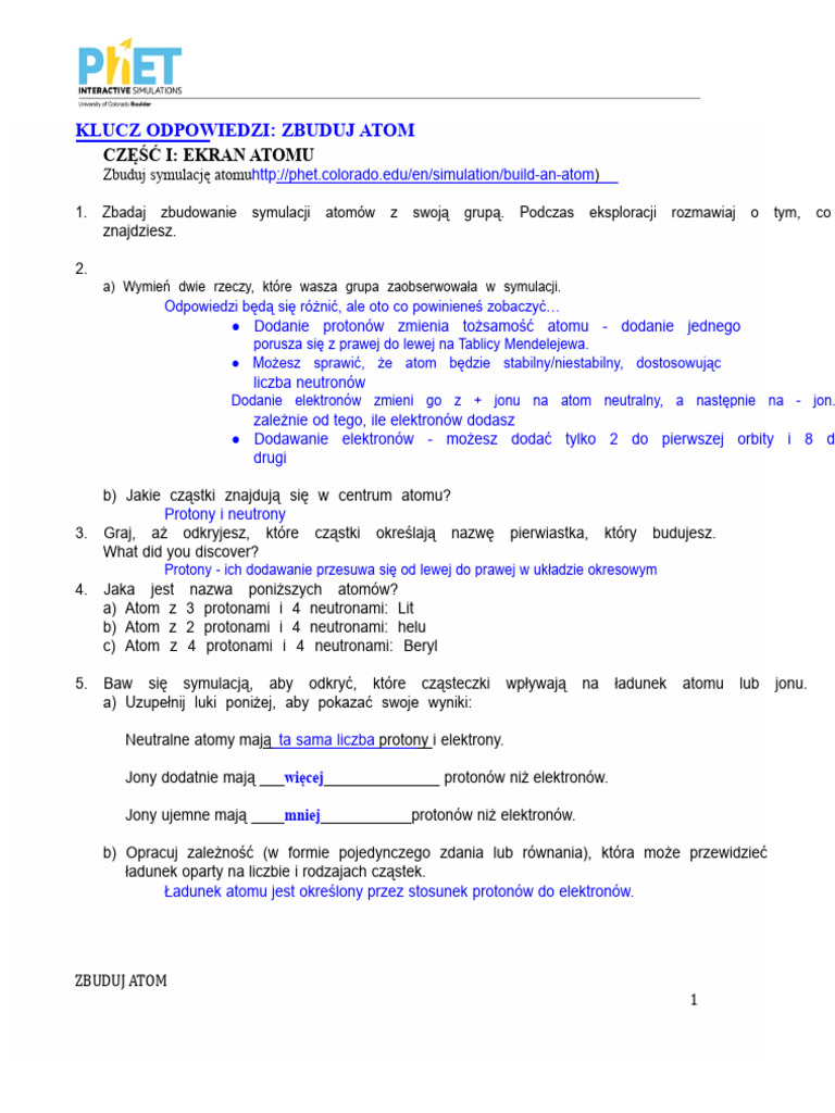 Silo - Tips Klucz Odpowiedzi Zbuduj Atom Część I Ekran Atomowy Symulacja Budowy Atomu Atom | PDF