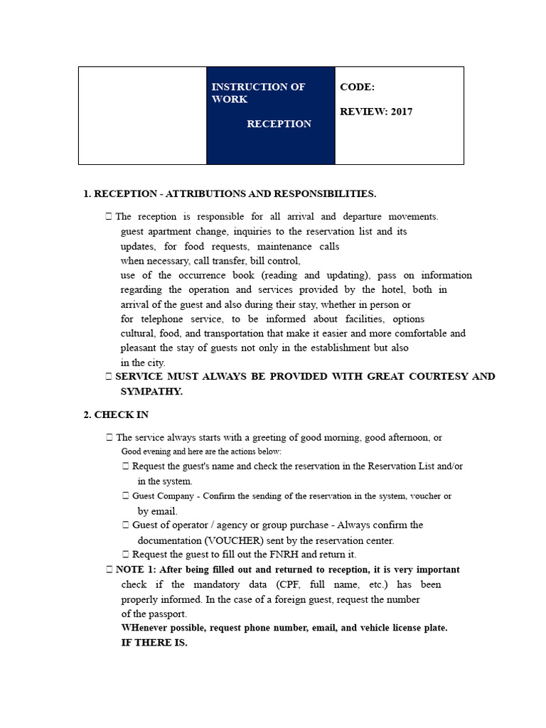 Hotel Reception Procedures Guide | PDF