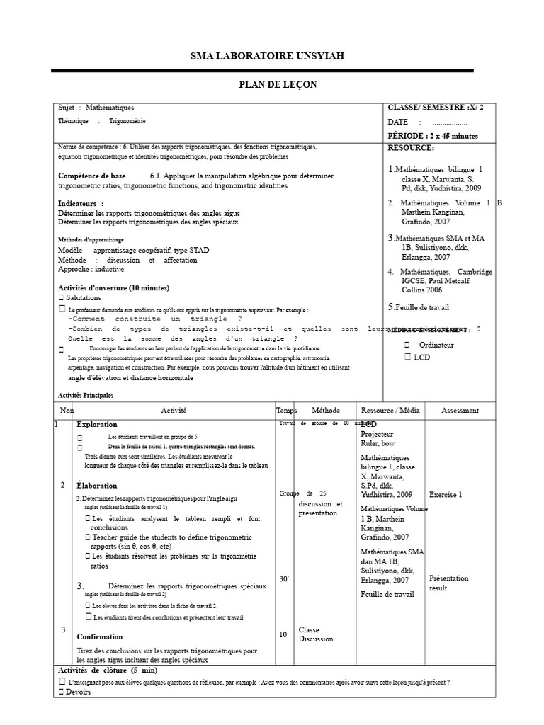 Plan de leçon sur la trigonométrie | PDF | Fonction trigonométrique ...