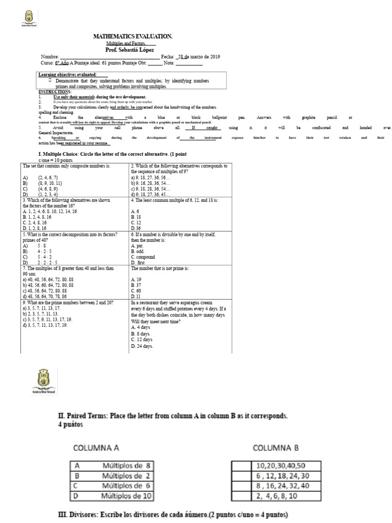 Mathematics assessment on multiples and factors | PDF | Prime Number ...
