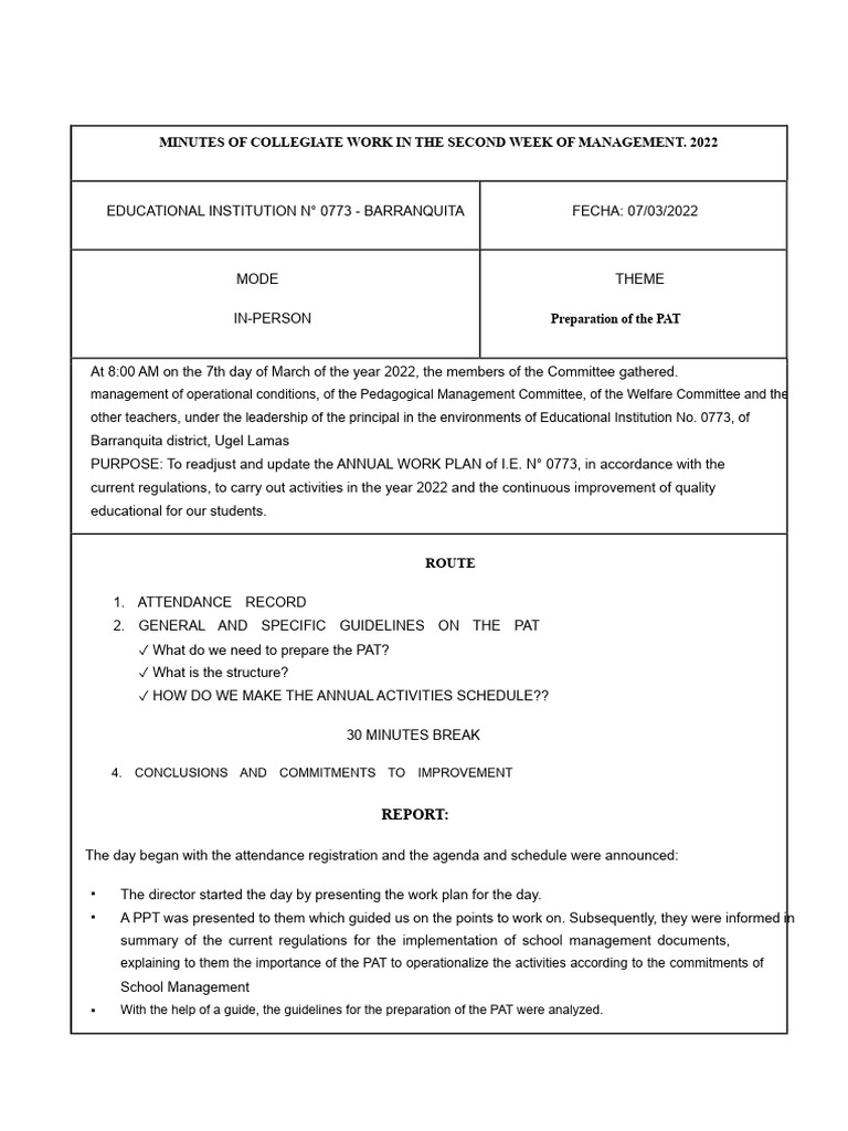 MINUTES OF THE PREPARATION OF THE PAT 2022 | PDF