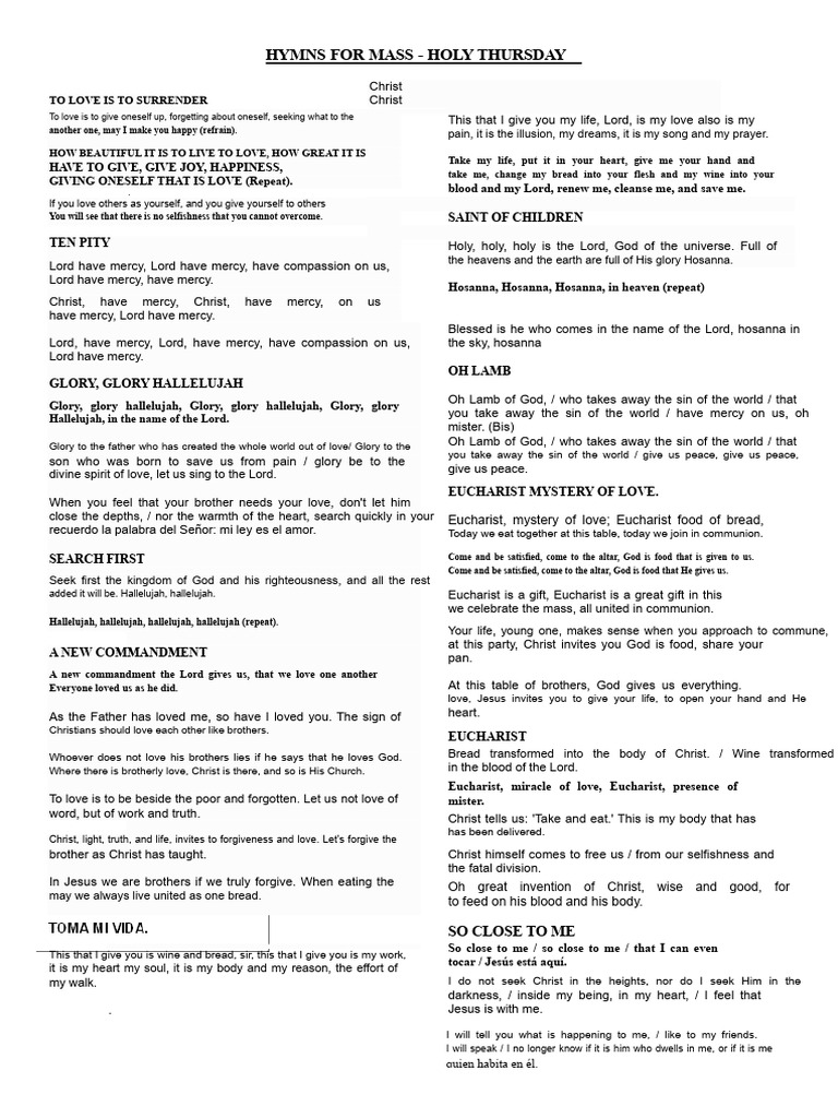 Songs For Mass On Holy Thursday | PDF | Eucharist | Jesus