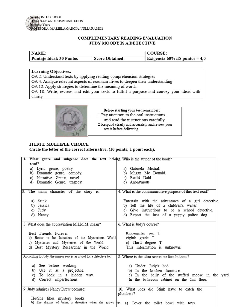 Judy Moody Reading Evaluation Guide | PDF | Genre | Reading Comprehension