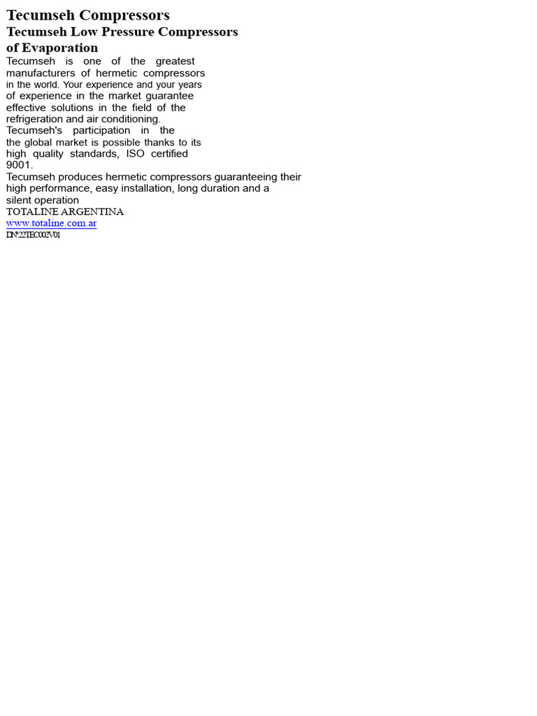 Tecumseh Low Pressure Compressors Guide | PDF | Refrigeration | Air ...