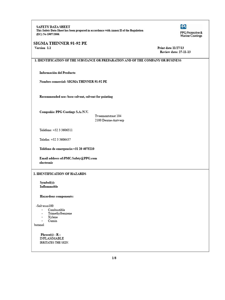 Sigma Thinner 91-92 PE Safety Data Sheet | PDF | Chemical Substances ...