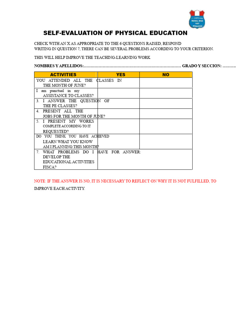 PHYSICAL EDUCATION SELF-ASSESSMENT--PDF (2) | PDF