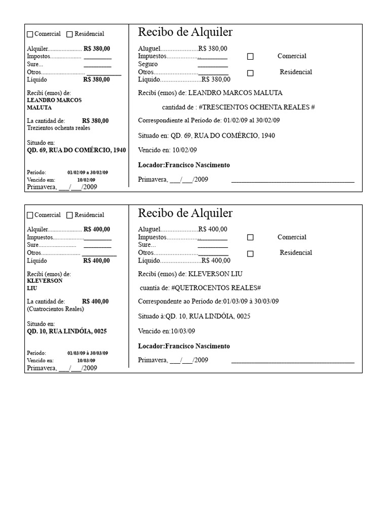 Recibos de Alquiler: Ejemplos y Detalles | PDF