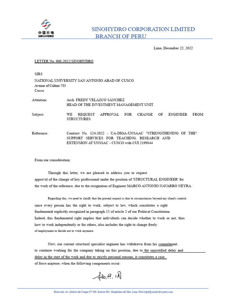 LETTER #008-2022 SINOHYDRO - Request For Change of Structural Engineer ...
