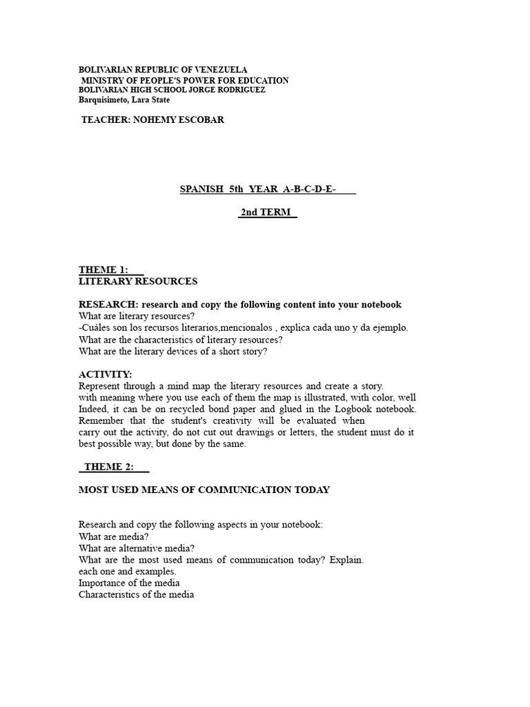 Spanish 5TH Year 2ND Term | PDF