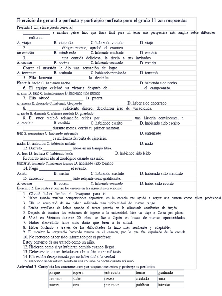 U7. Ejercicio de Gerundio Perfecto y Participio Perfecto para El 11° Grado Con Respuestas. | PDF