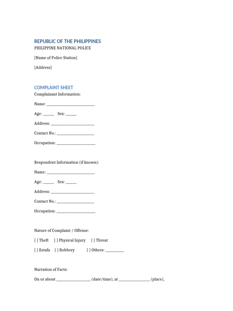 Complaint Sheet for Police Reports | PDF
