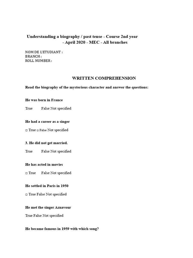 Understanding A Biography. Written Comprehension. | PDF