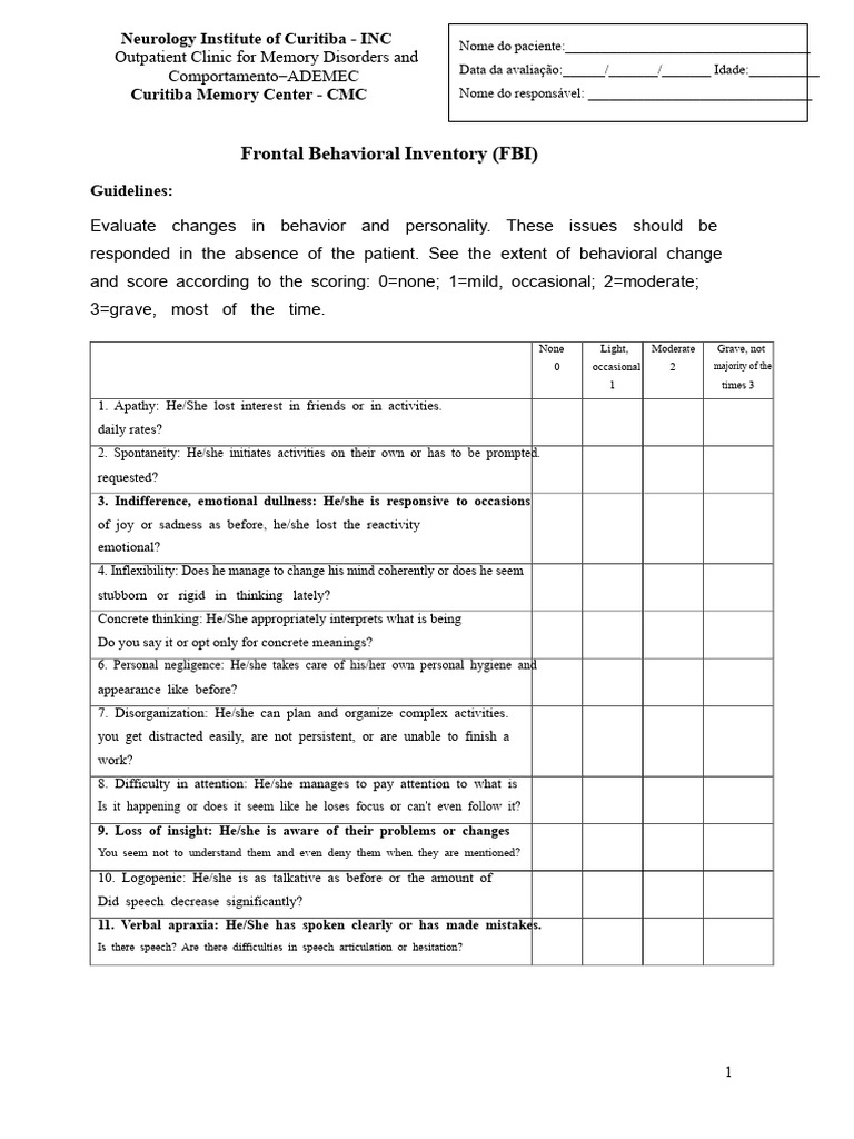 Frontal Behavioral Inventory - FBI | PDF | Urinary Incontinence ...