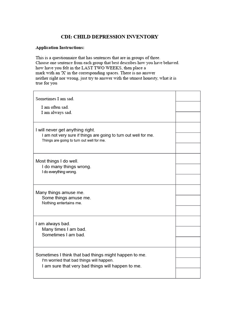 CDI Child Depression Inventory | PDF | Mental Health | Emotions