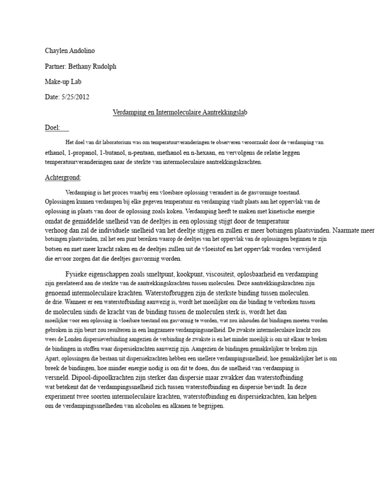 Verdamping en Intermoleculaire Aantrekkingskrachten Laboratorium | PDF