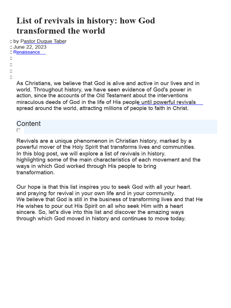 Timeline of Christian Revivals | PDF | Christian Revival | Faith Healing