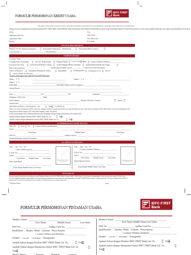 Formulir Permohonan Pinjaman Bisnis IDFC Bank | PDF