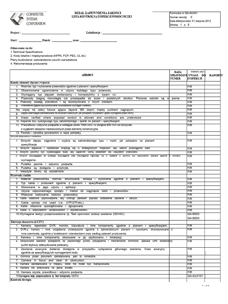 Formularz QA-AUX01 - Auxiliary Inspection Checklist (Oficjalny) | PDF