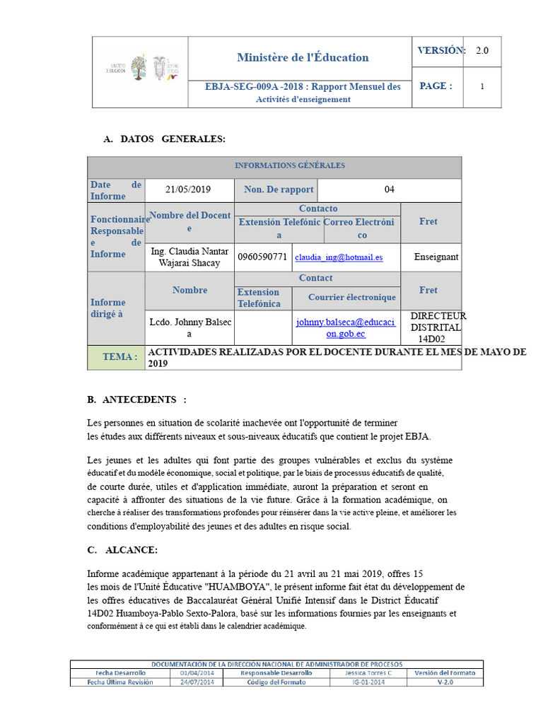 Rapport Mensuel des Activités Éducatives | PDF | Expérience | Apprentissage