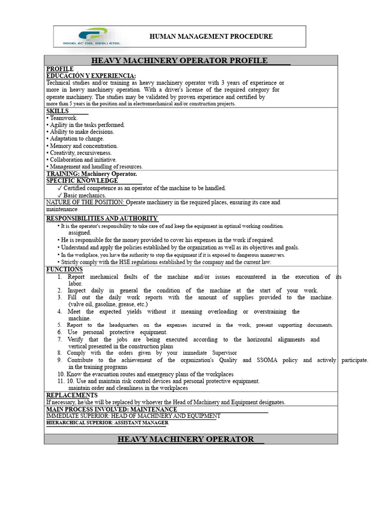 Heavy Machinery Operator Profile Guide | PDF | Personal Protective ...