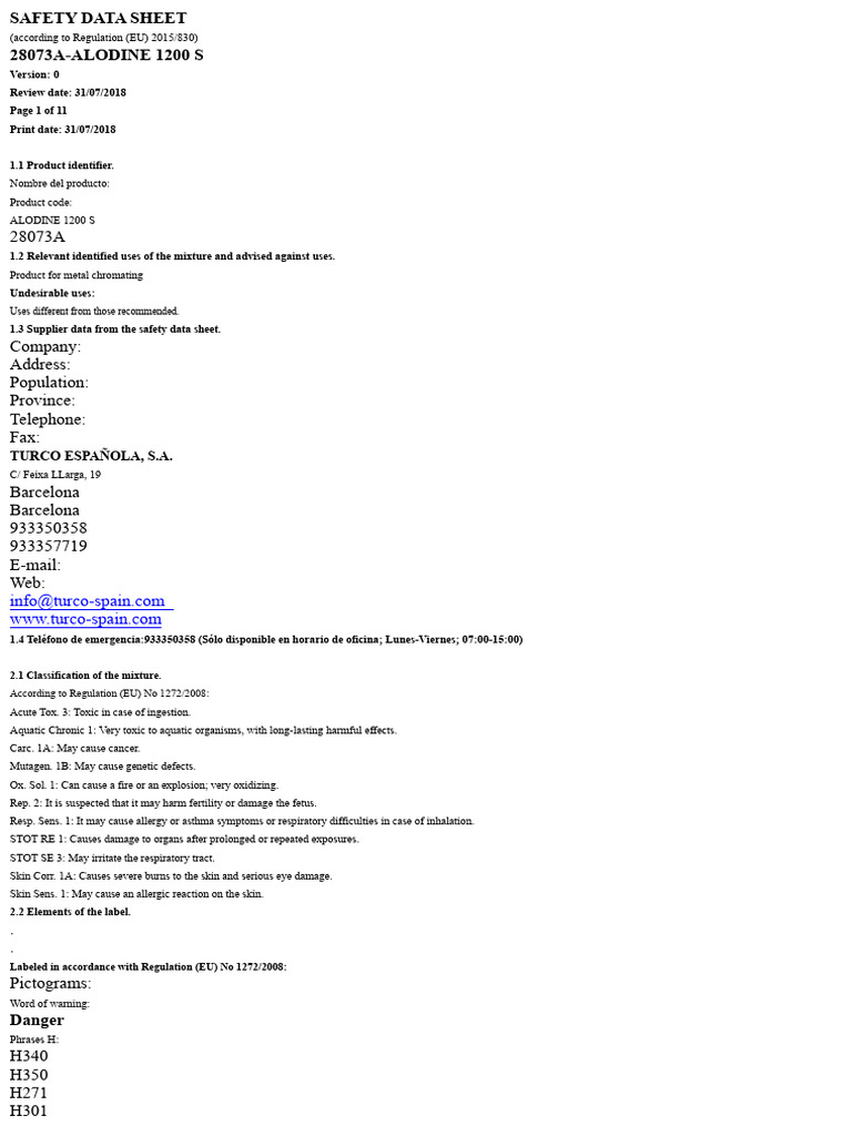 ALODINE 1200 S Safety Data Sheet | PDF | Toxicity | Firefighting