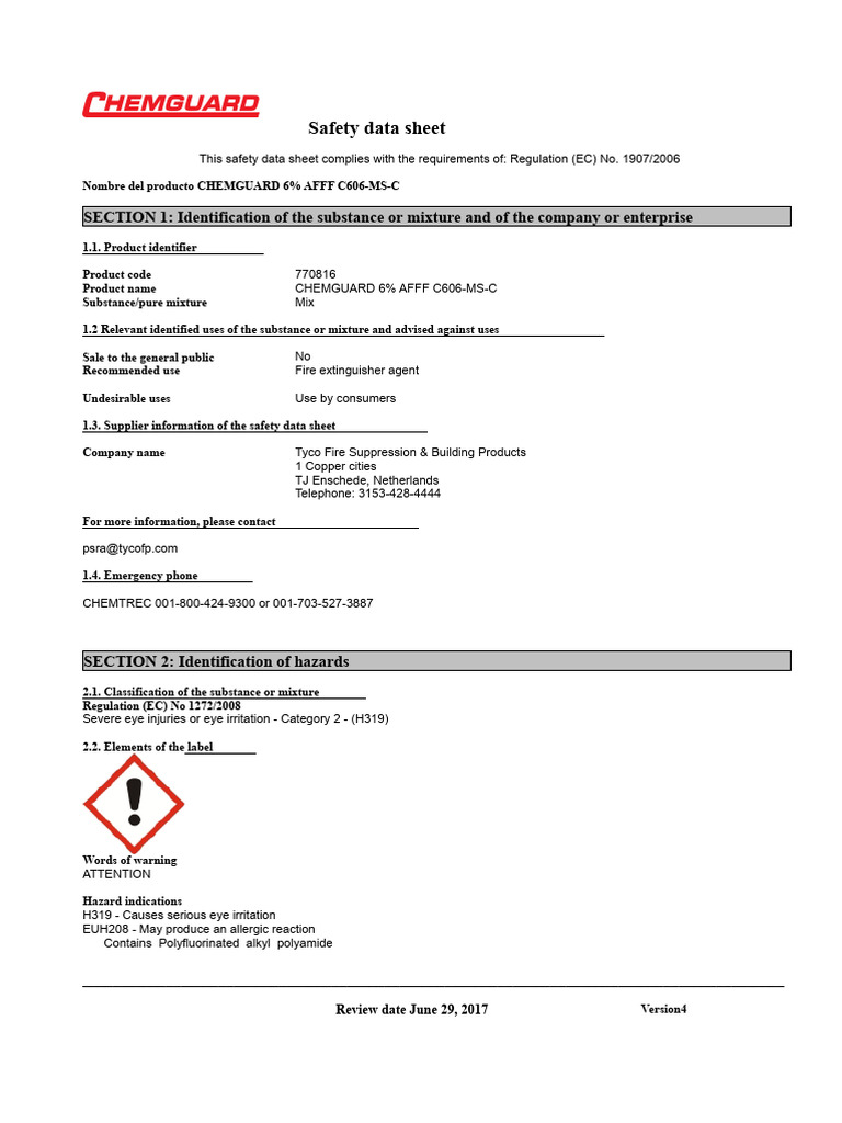CHEMGUARD 6% AFFF Safety Data Sheet | PDF | Toxicity | Firefighting